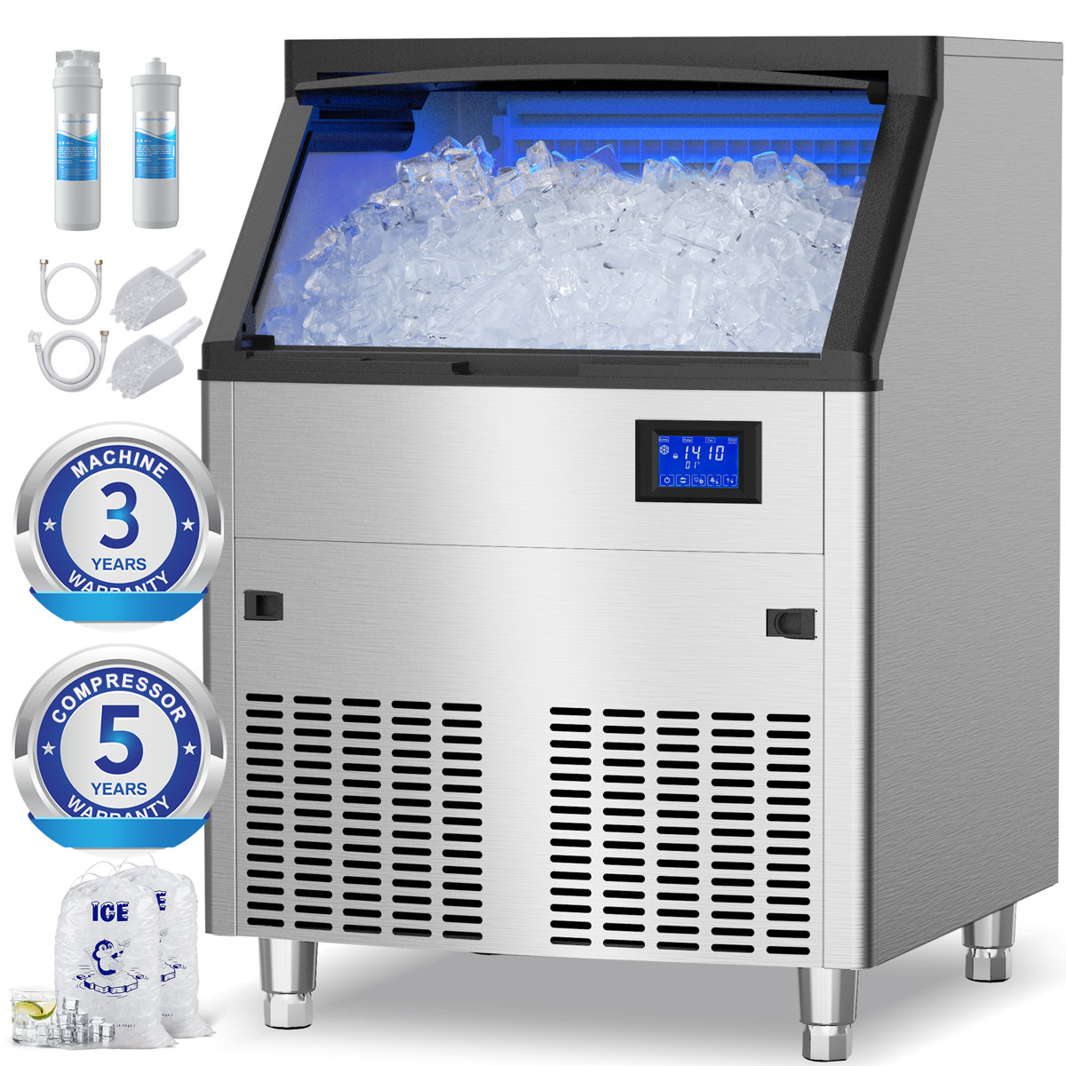 Coolake Commercial Ice Maker Machine 450lbs/24h With 130lbs Storage ...