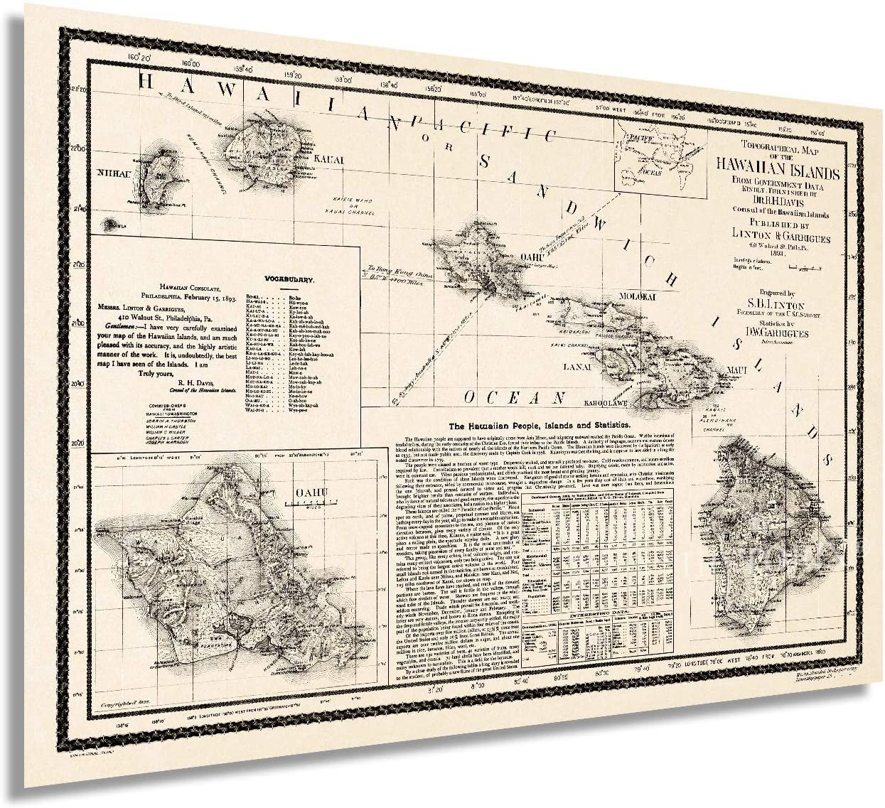 HISTORIC PRINTS 1893 Hawaii Map Poster Wall Art on Paper | Wayfair