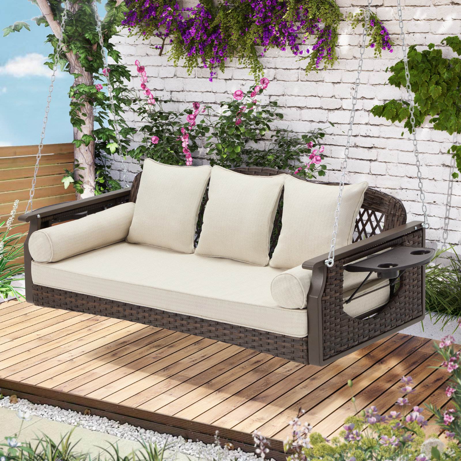 Winston Porter 3 Seat Porch Swing Wicker Patio Swing With Cup Holders & 3 Back Cushions Yard ...