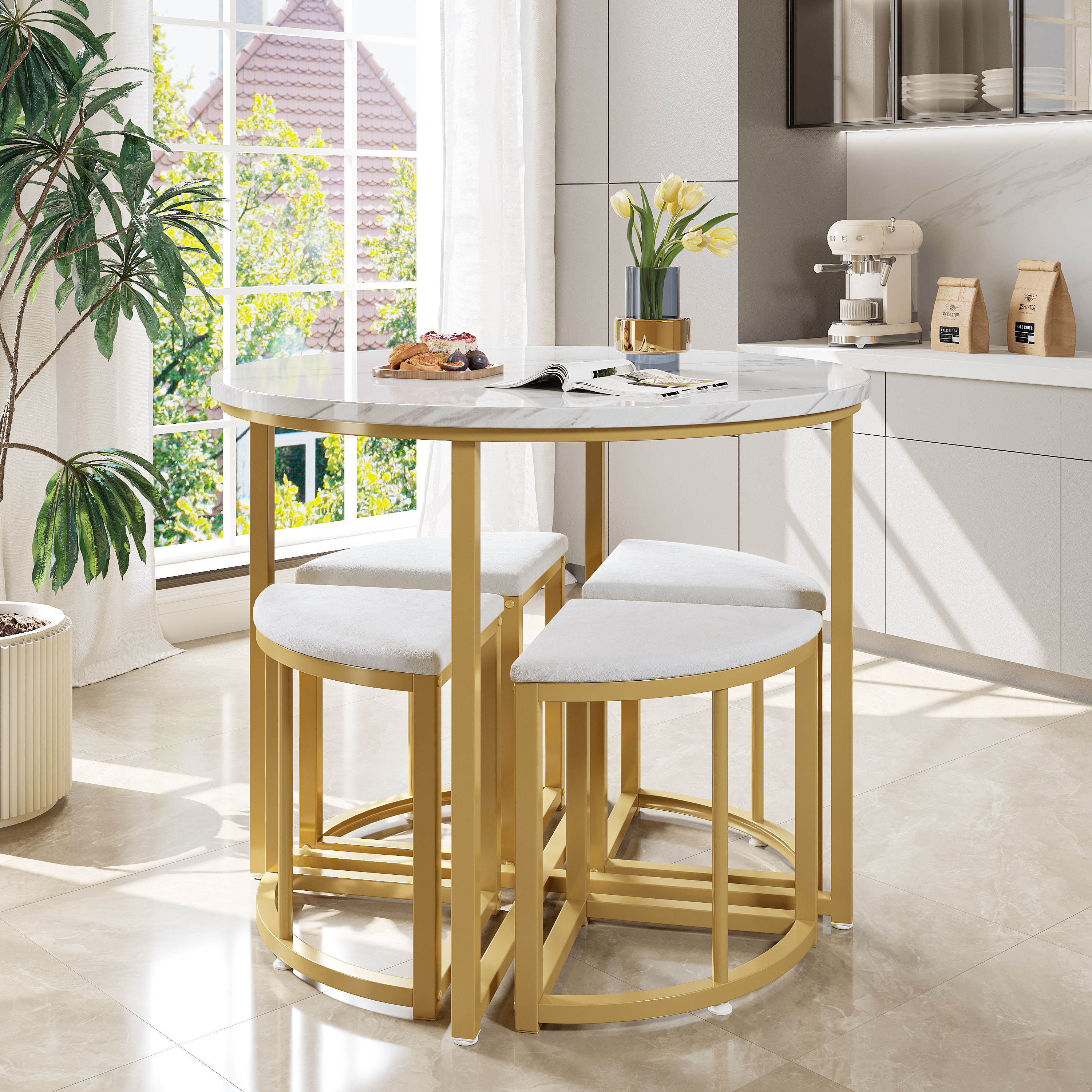 Fairmont Park Modern 5-Piece Round Marble Dining Table Set With Gold ...