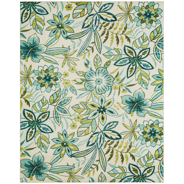 DECOMALL Blodewn Outdoor Rug Floral Design Performance Area Rug Green ...