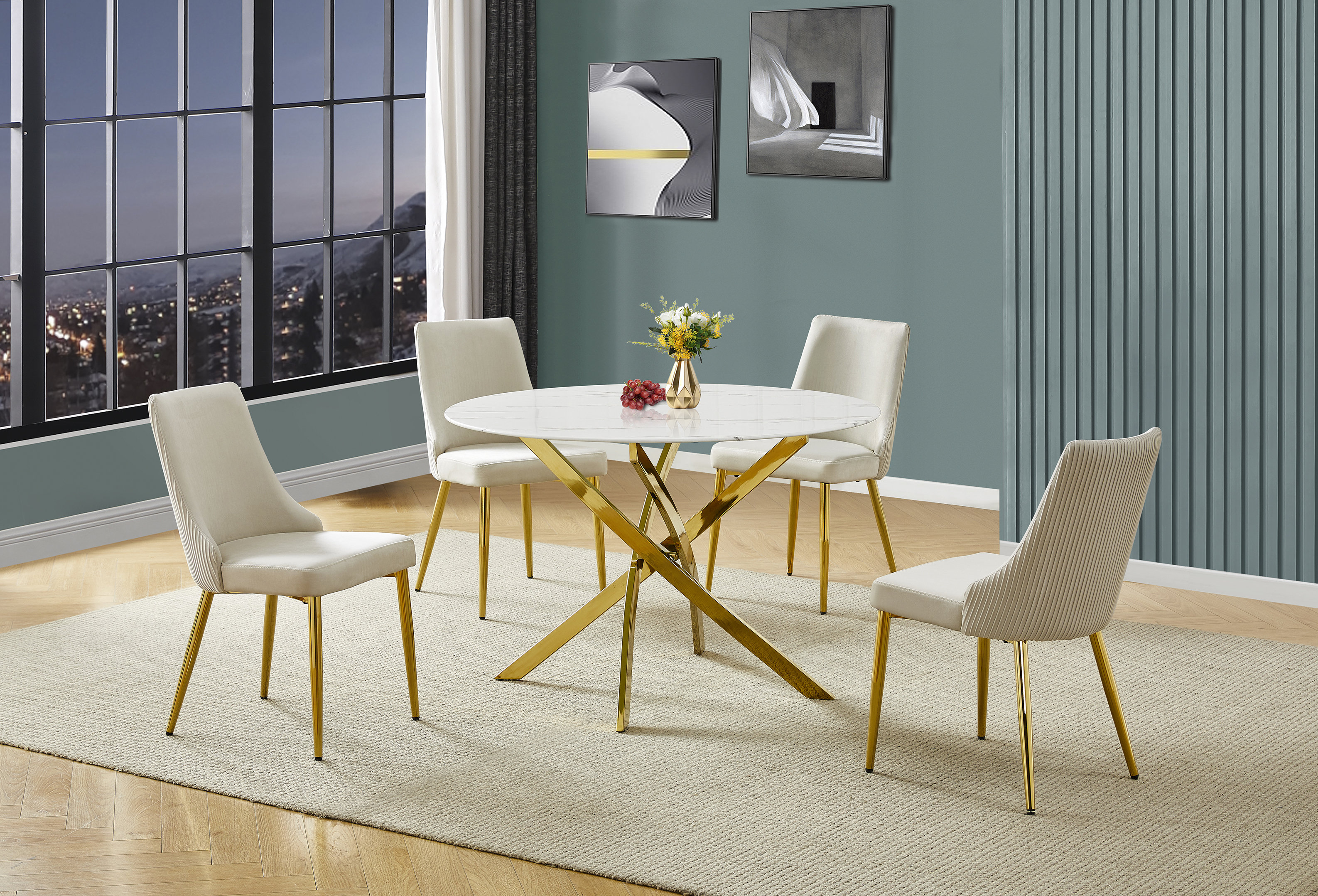 Mercer41 Round Glass With White Marble Wrap Dining Set With 4 Velvet ...