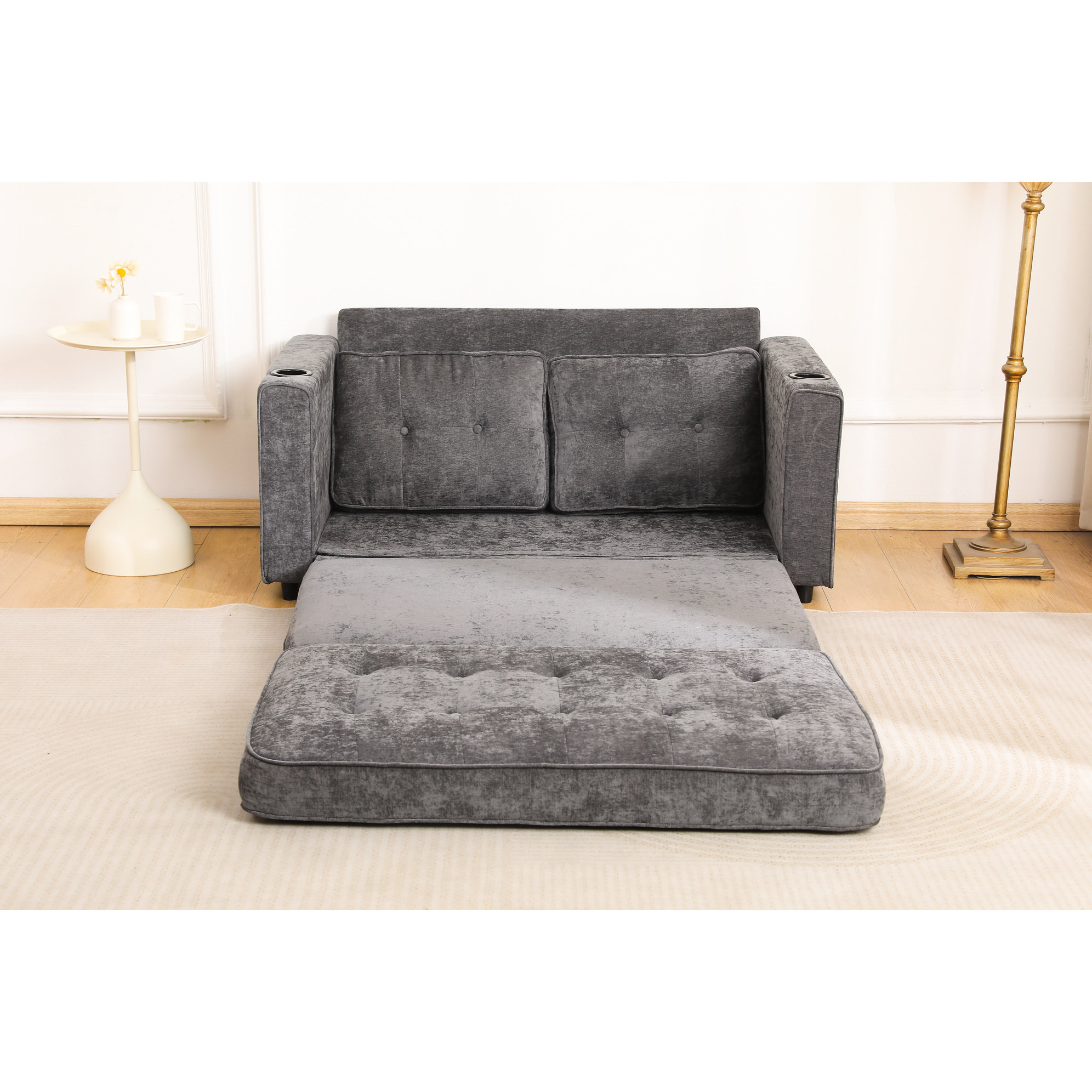Ebern Designs 55" 3 Fold Bed In Dark Gray Velvet Linen, Convertible ...