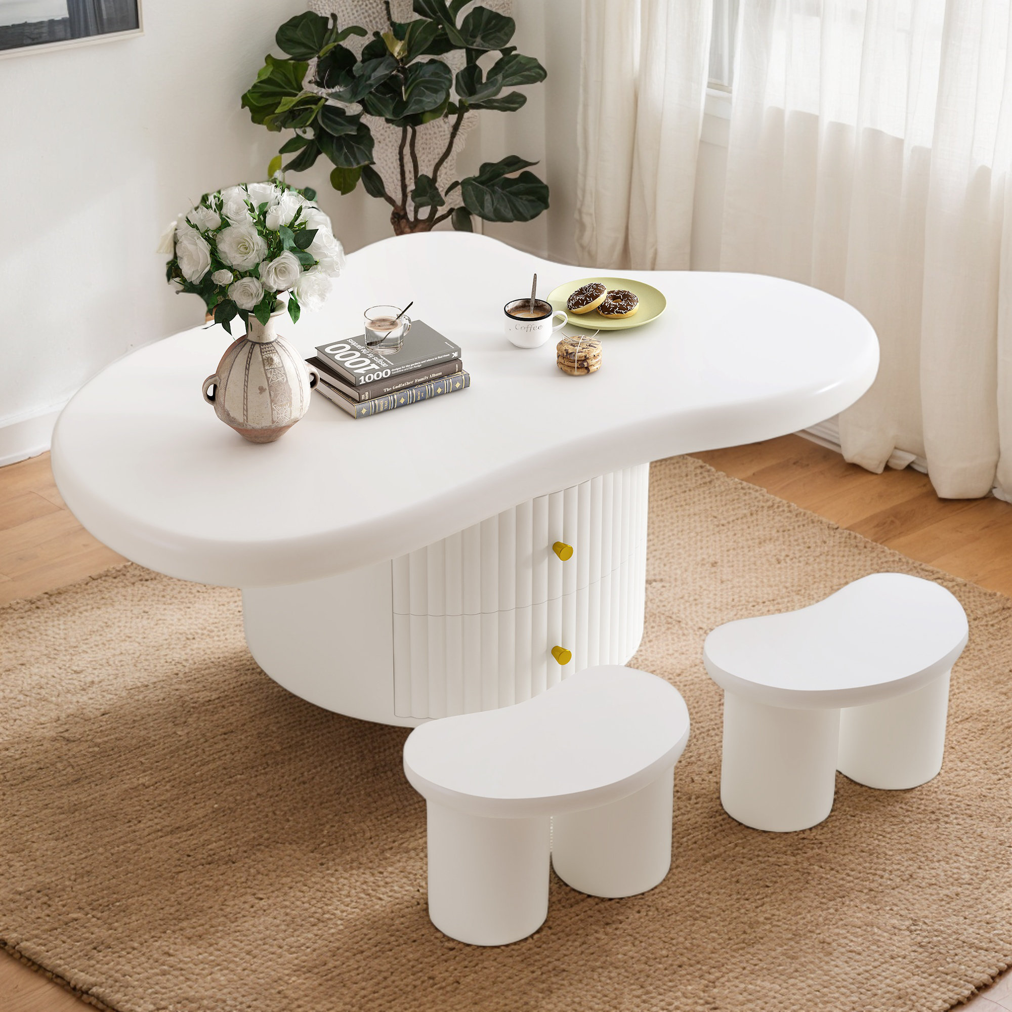 Ivy Bronx White Coffee Table Set Of 3, Unique Irregular Shape Design ...