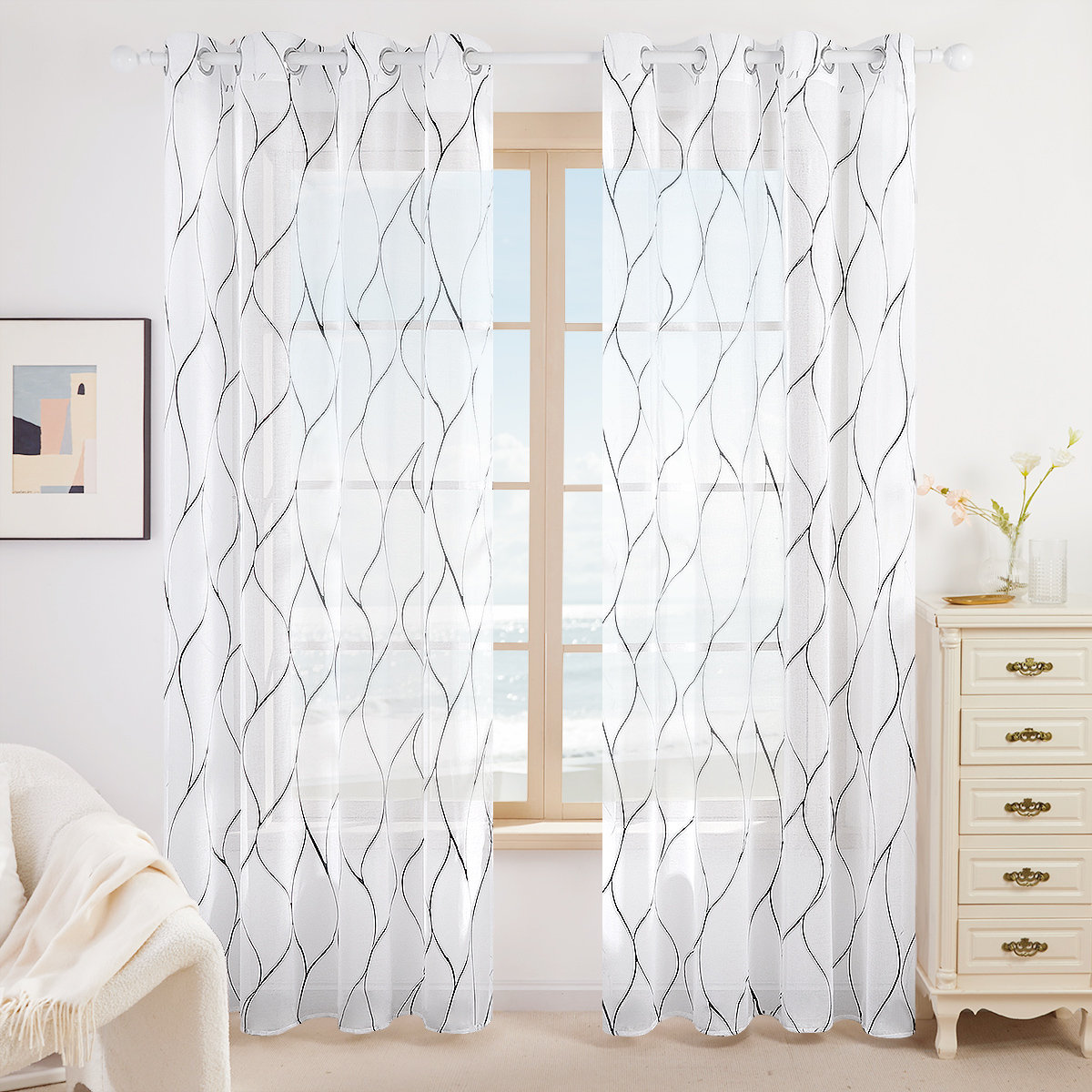 Winston Porter Black Foil Printed Wave Pattern Semi Sheer Grommet Top ...