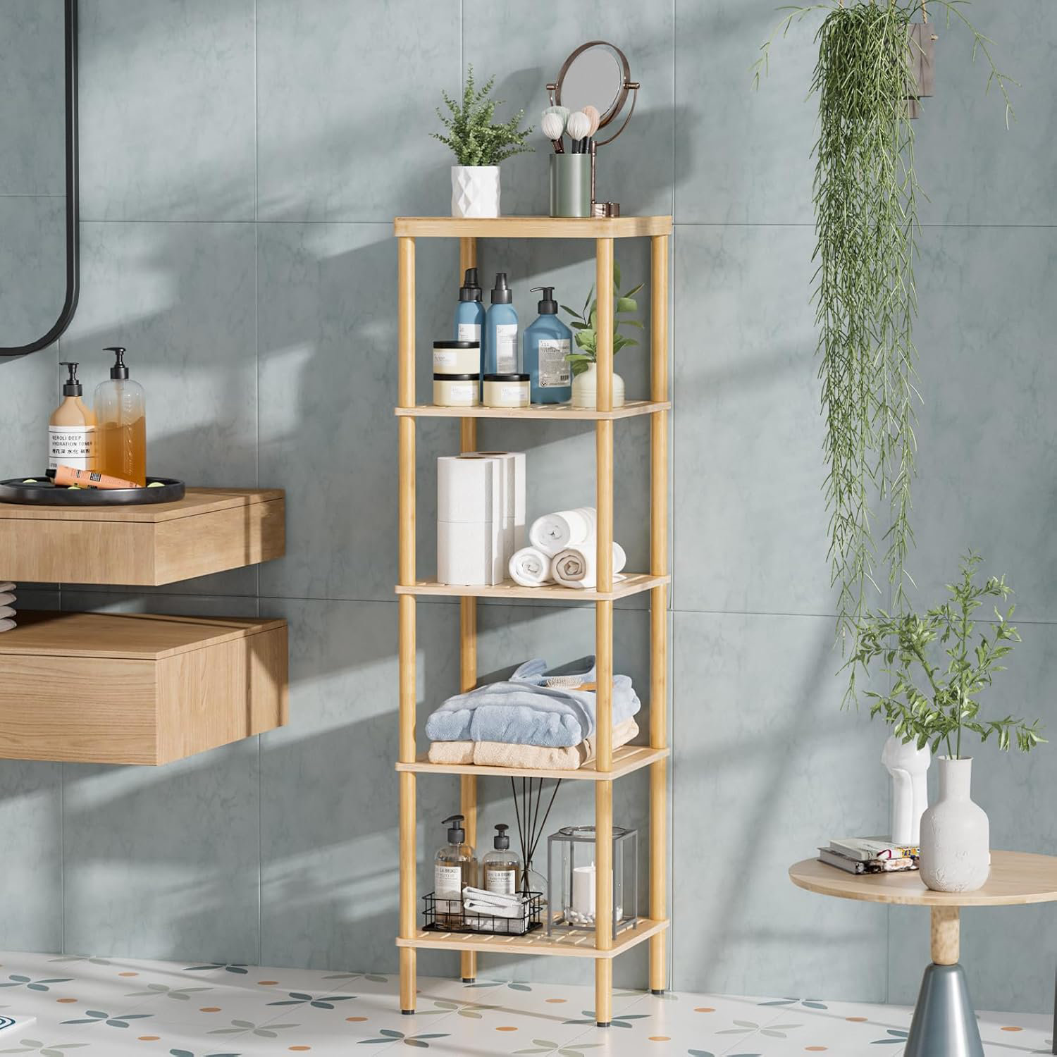 Latitude Run® 5-Tier Bamboo Bathroom Shelf, Bathroom Standing Shelves ...