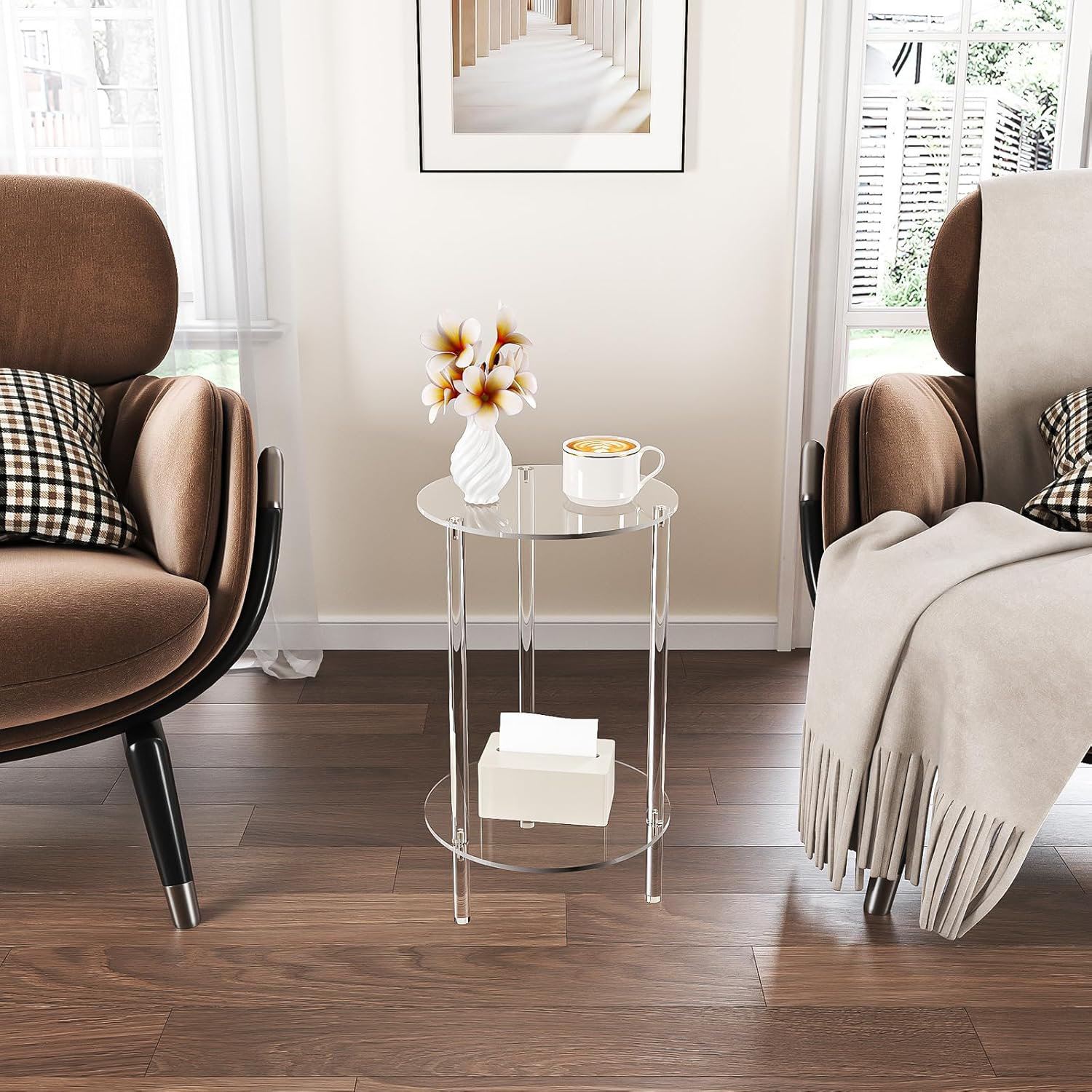 Ivy Bronx Modern Acrylic Round Side Table Set Of 2, 2-Tier Design For ...