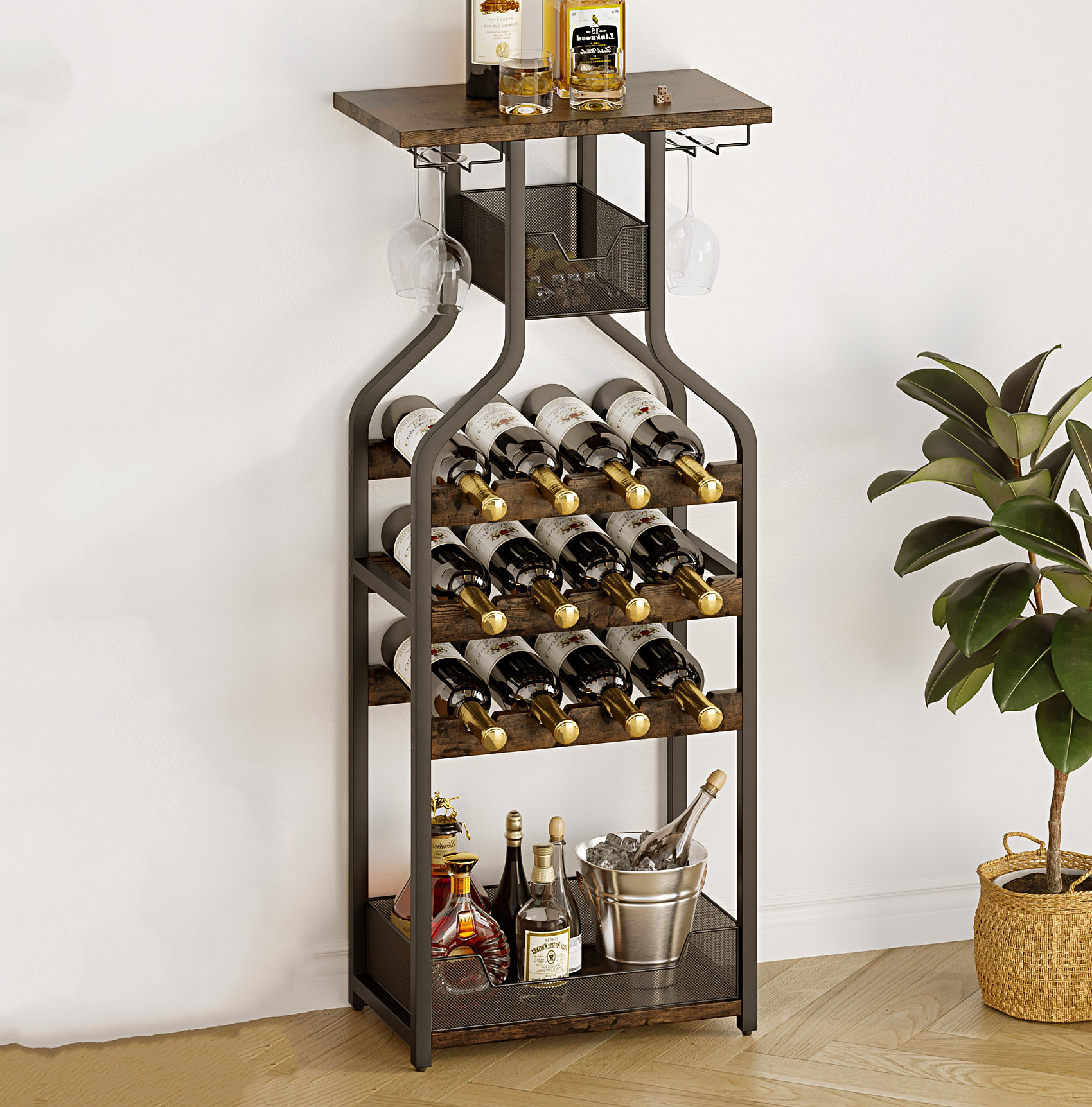 17 Stories Multi Functional Mini Bar Table With Corner Bottle Rack With ...