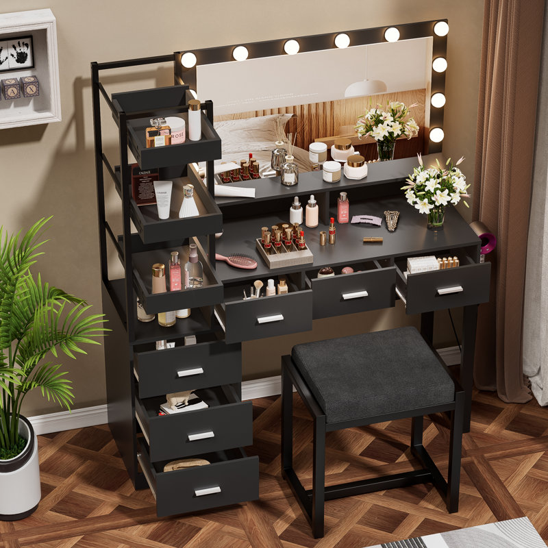 Millwood Pines Ipava Vanity Set With Lighted Mirror, Makeup Vanity ...