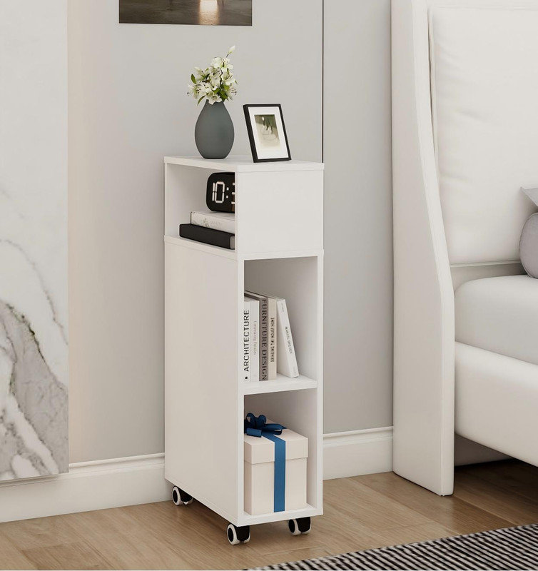 17 Stories Slim Bedside Table, Small Narrow Nightstand with 3 Open ...