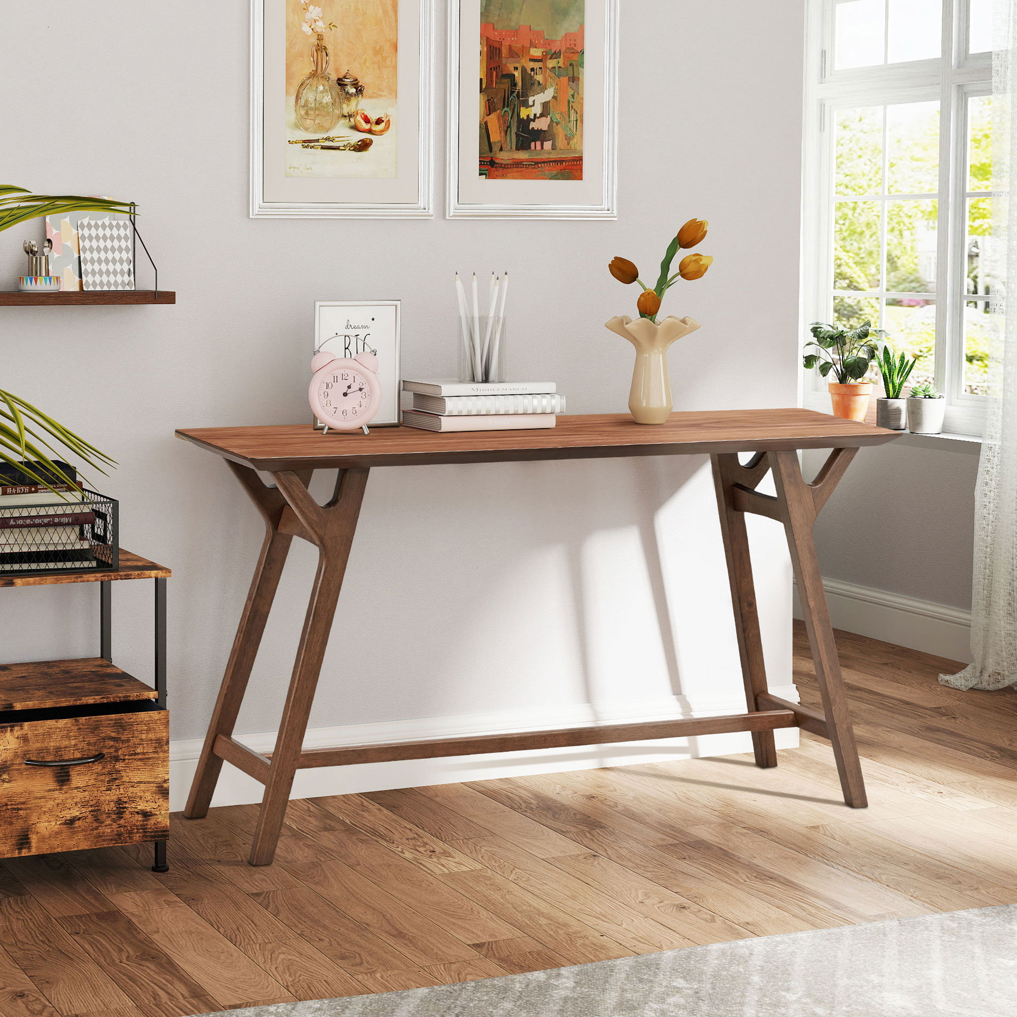 George Oliver 59.06 Inch Walnut Entryway Console Table with Solid Wood ...