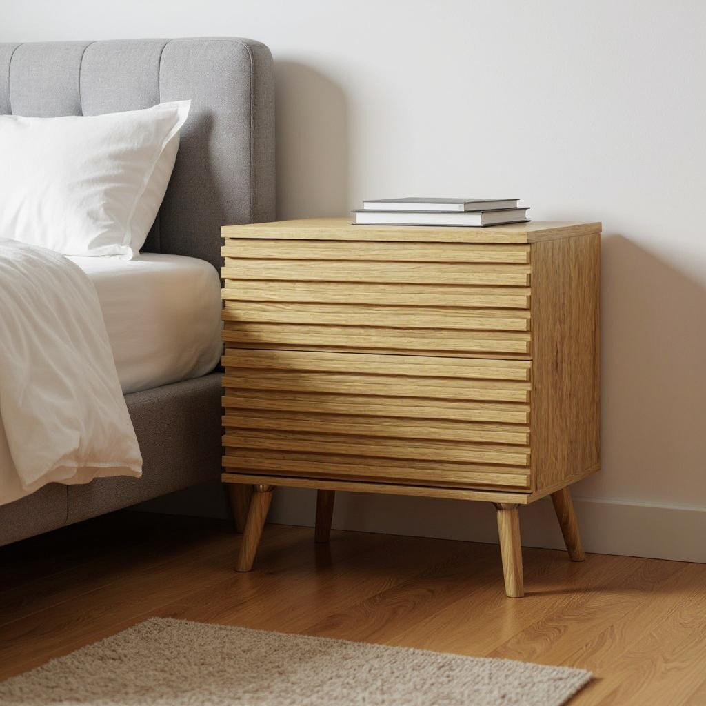 HomeRoots 23" Natural Solid Wood Ribbed Texture Two Drawer Nightstand ...