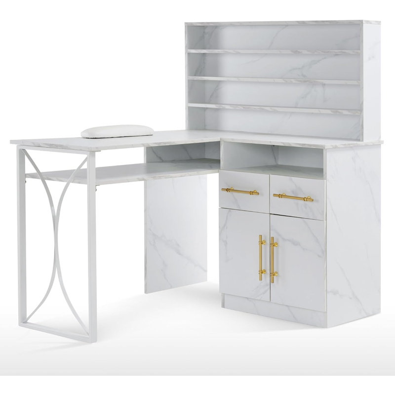 Mercer41 Tashanda L-Shaped Nail Desk, Modern Corner Desk with Hutch and ...
