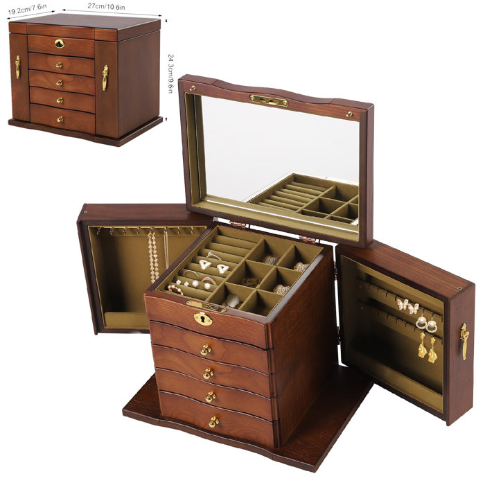 Latitude Run® 5 Layer Wooden Jewelry Box with Mirror and Combo Lock ...