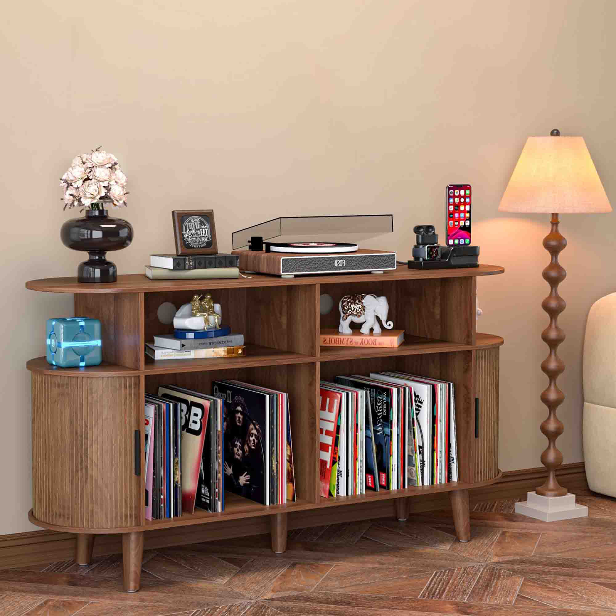 Corrigan Studio® Large Round Record Player Stand With Charging Station ...