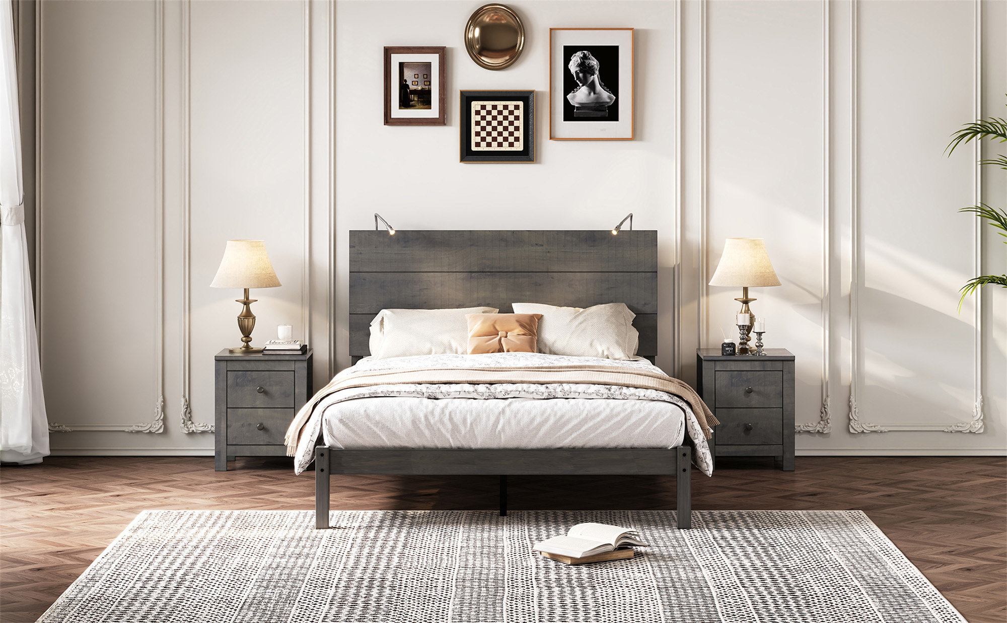 Ophelia & Co. Farmhouse Wooden Platform Bed, Modern Platform Bed With Two Bedside Lights | Wayfair