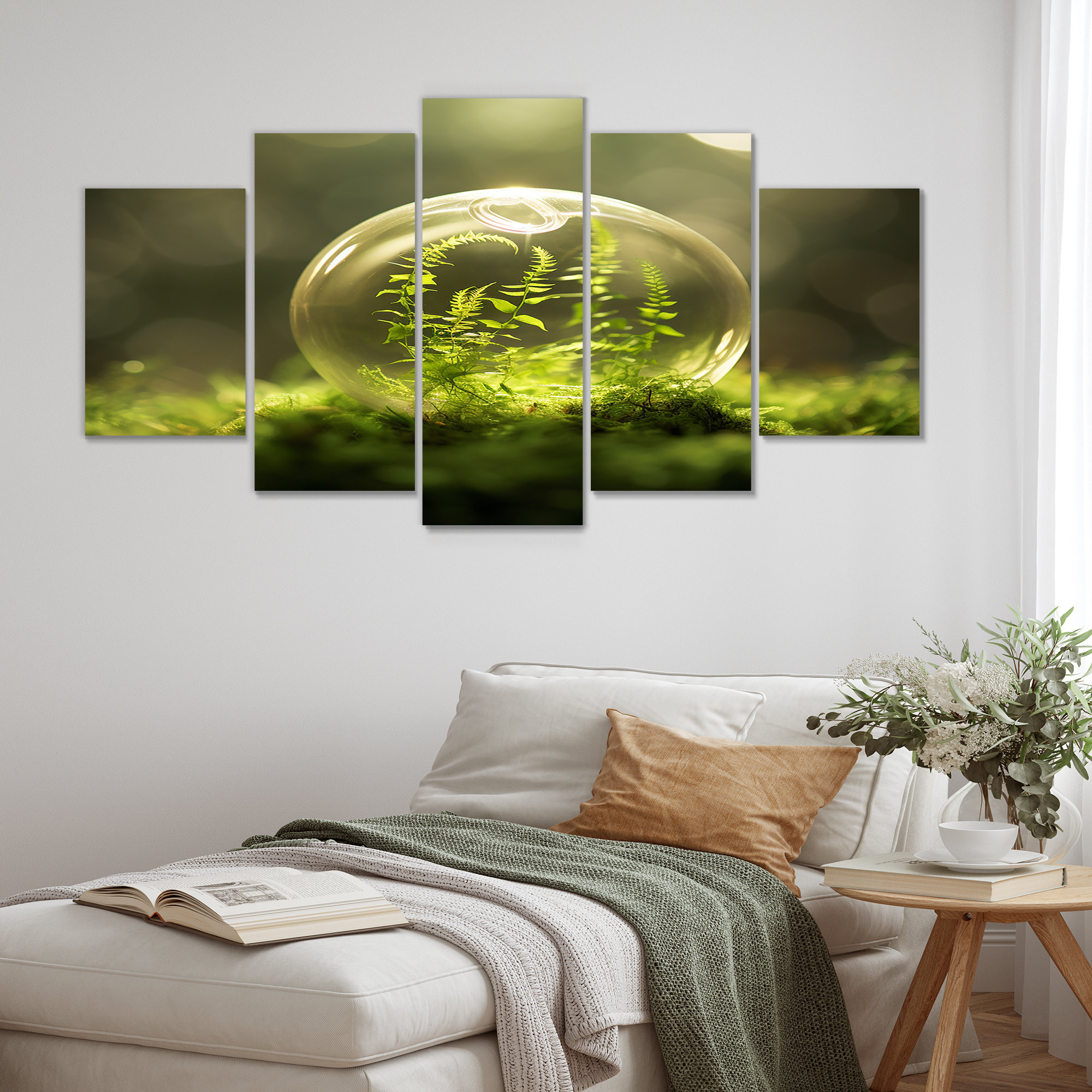 Design Art Fern Reflection In Dew Drop - Leaves Wall Art Canvas 5 Piece ...