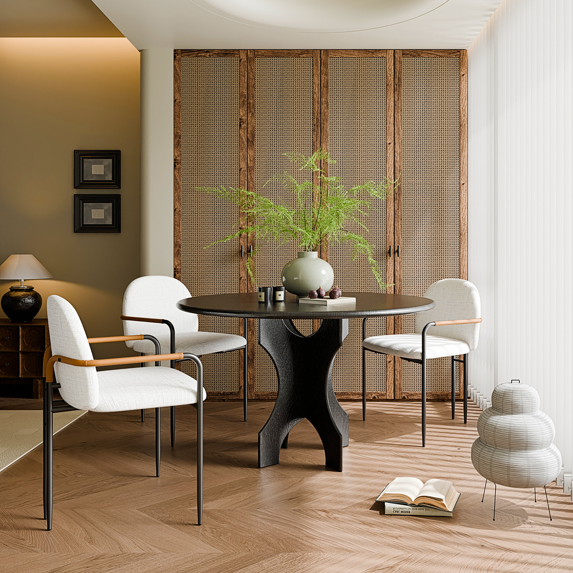 Latitude Run® White Linen Dining Chairs with Curved Back & Leather ...