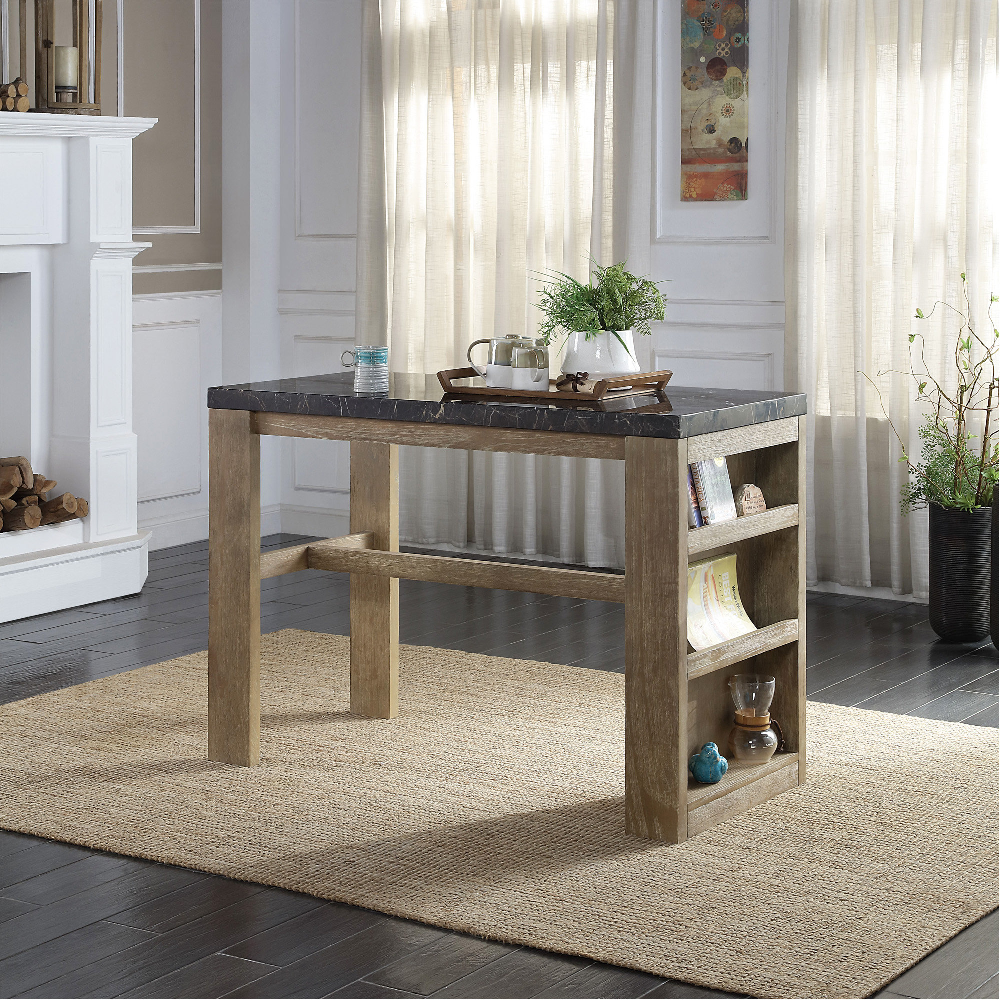 Orren Ellis Table à hauteur de comptoir en marbre et chêne - Wayfair Canada