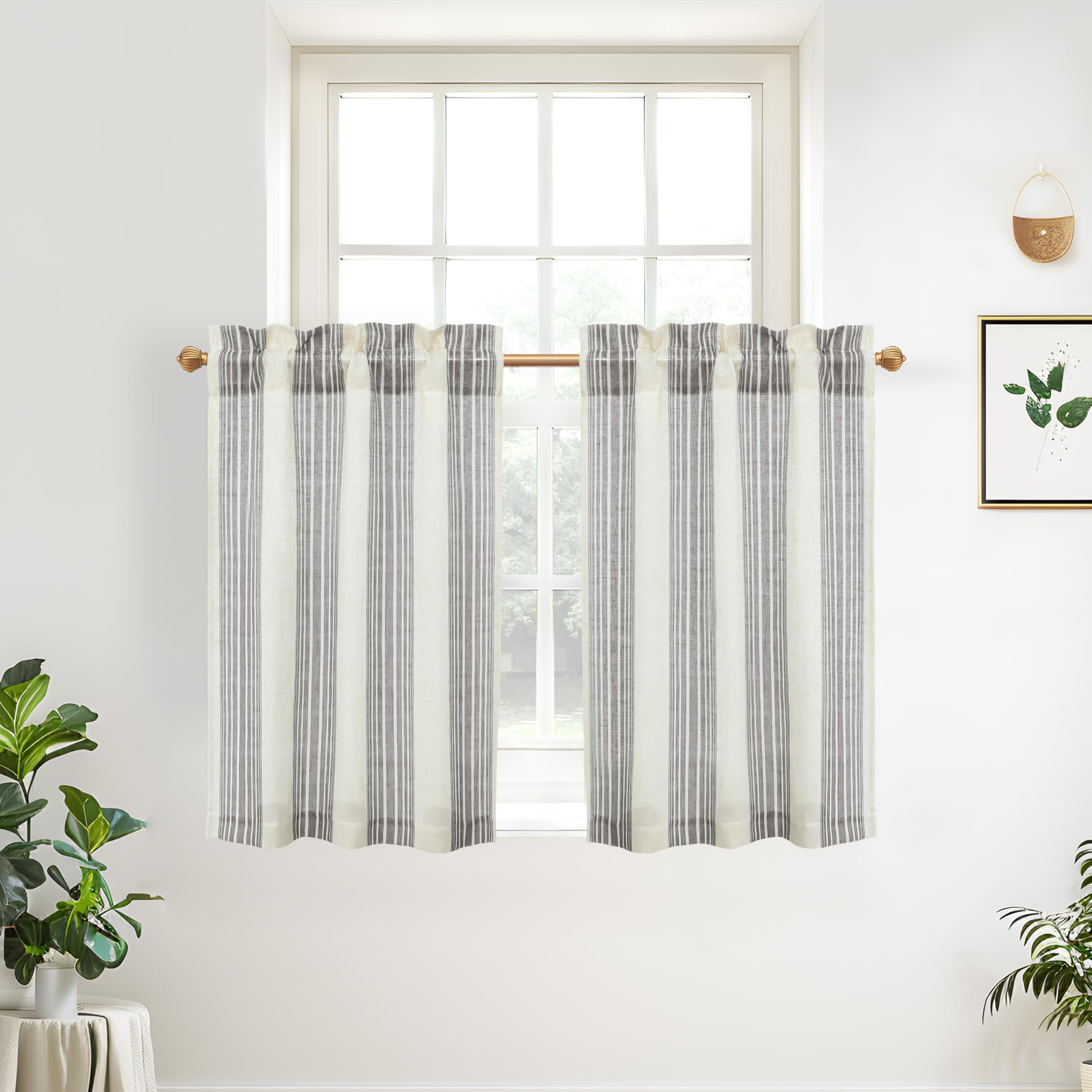 Gracie Oaks Kitchen Curtains Striped Tier Linen Short Curtains ...