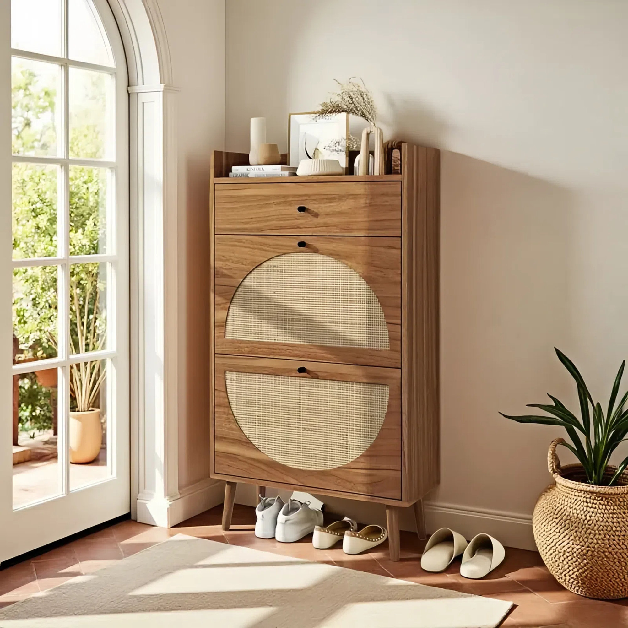 One Allium Way Rattan Shoe Cabinet With 3 Drawers, Narrow Hidden ...