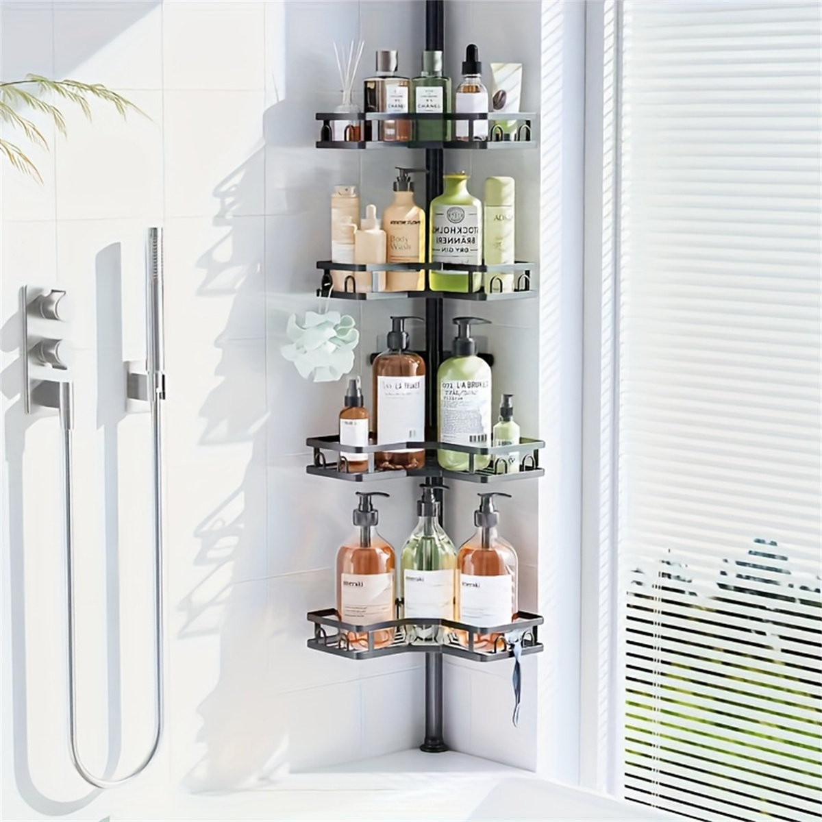 Ebern Designs Corner Shower Rack Tension Bar, 4 Tier Adjustable Shower ...