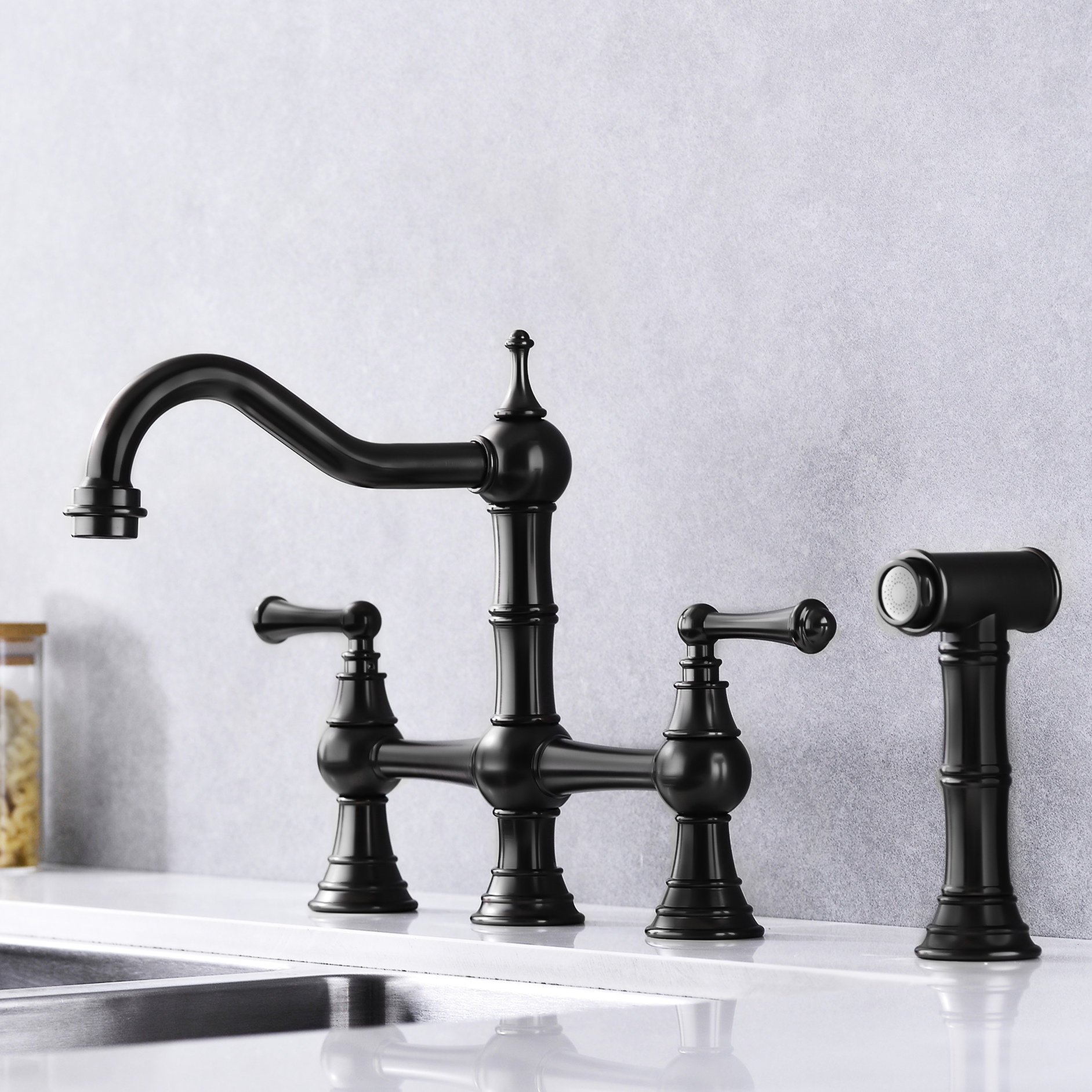 Latitude Run® Bridge Style Kitchen Faucet With Dual Handles In Matte ...
