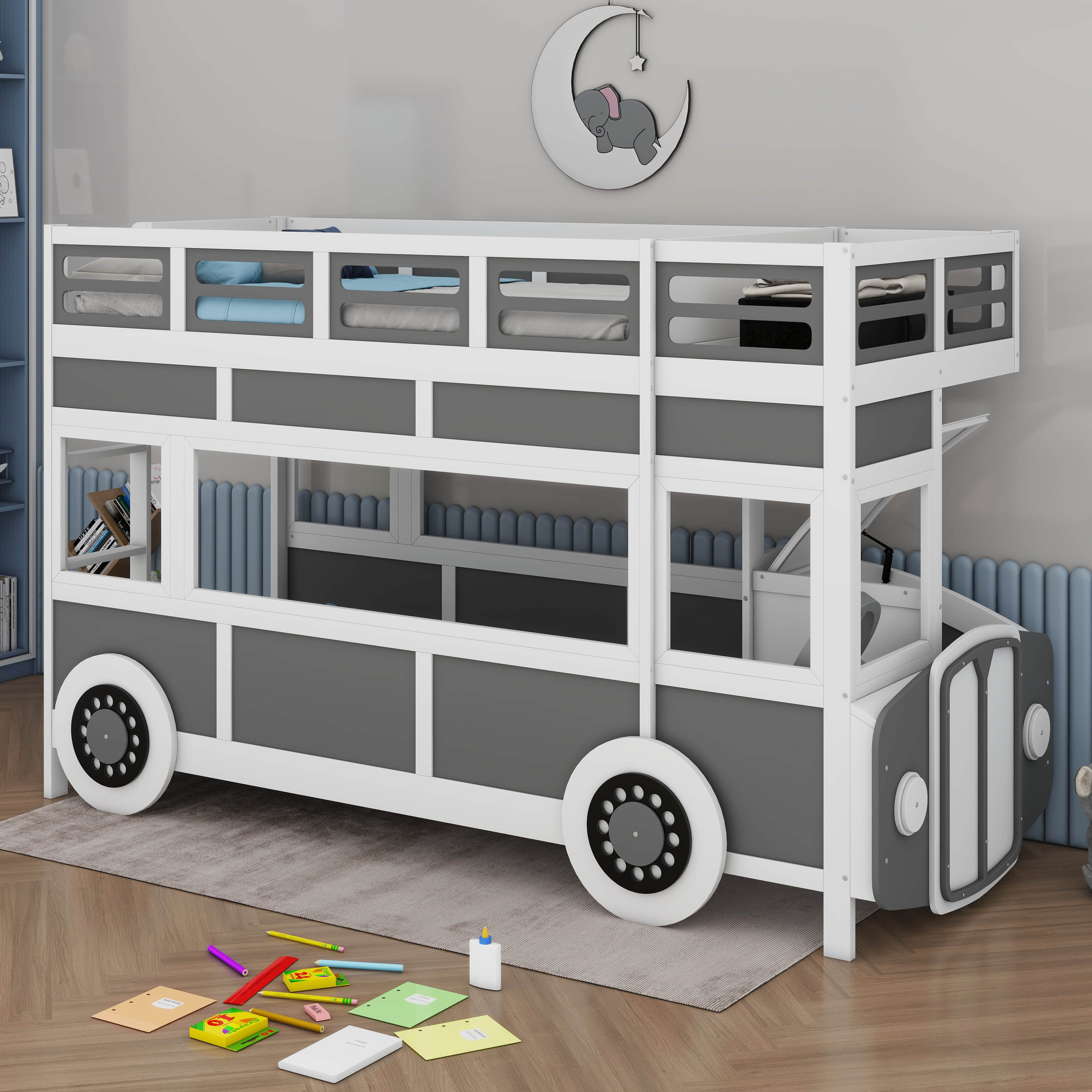 Zoomie Kids Aliceia Twin over Twin Bus-shaped Bunk Bed with Wheels and ...