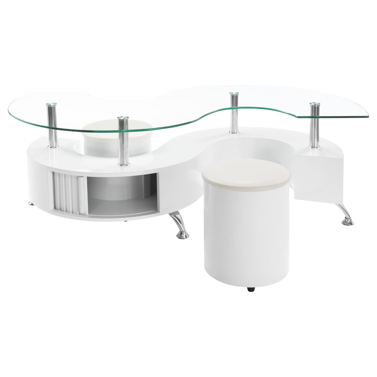 Orren Ellis Buckley Curved Glass Top Coffee Table With Stools White ...
