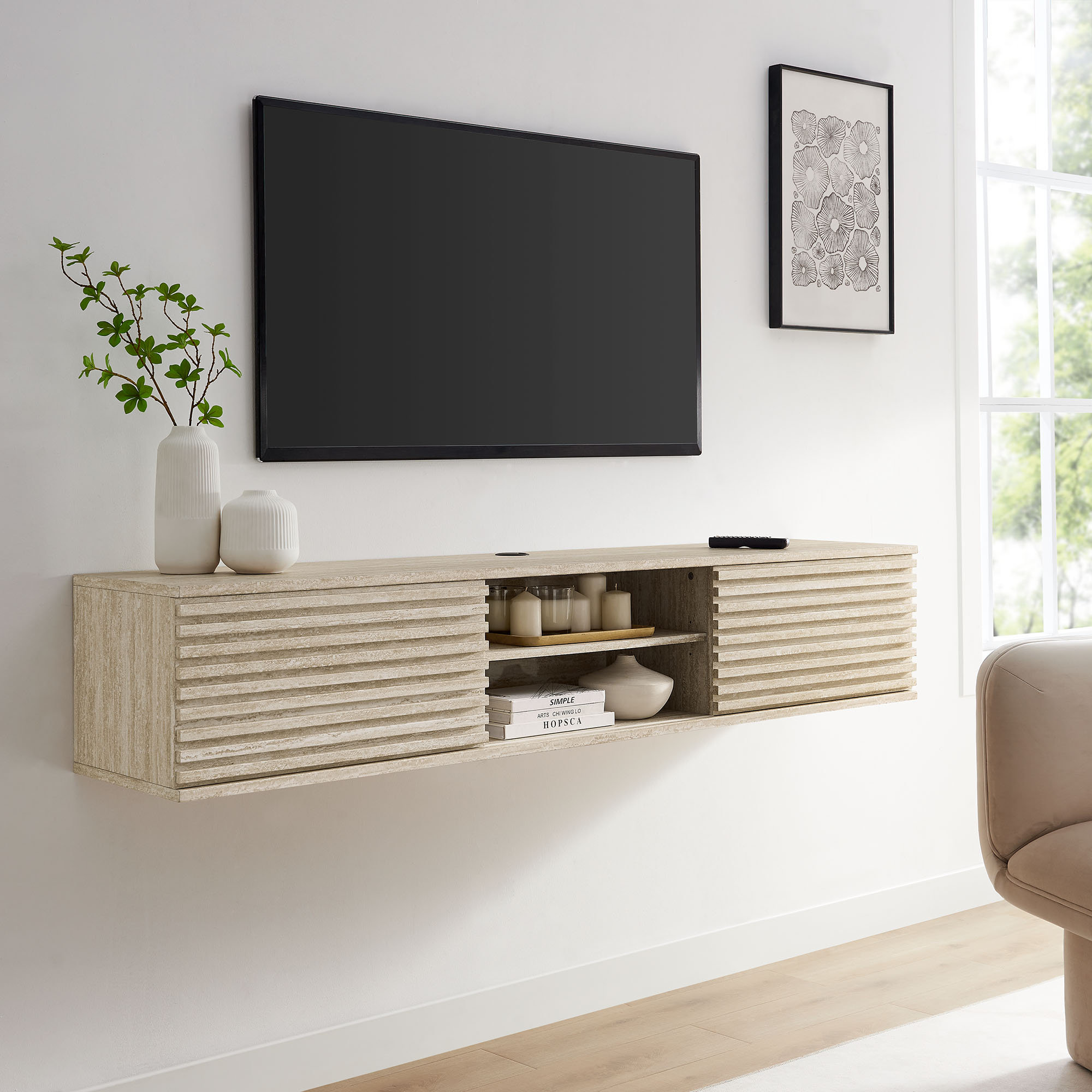 Modway Render 70" Faux Travertine Wall-Mount Media Console TV Stand In ...