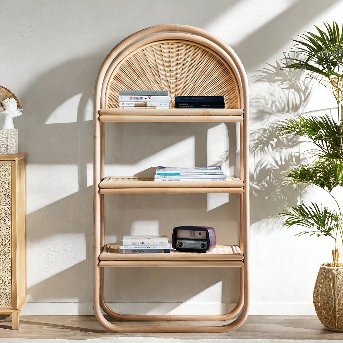 Everly Quinn Modern Simple Arch Beige Rattan Woven Bookcase - Wayfair ...