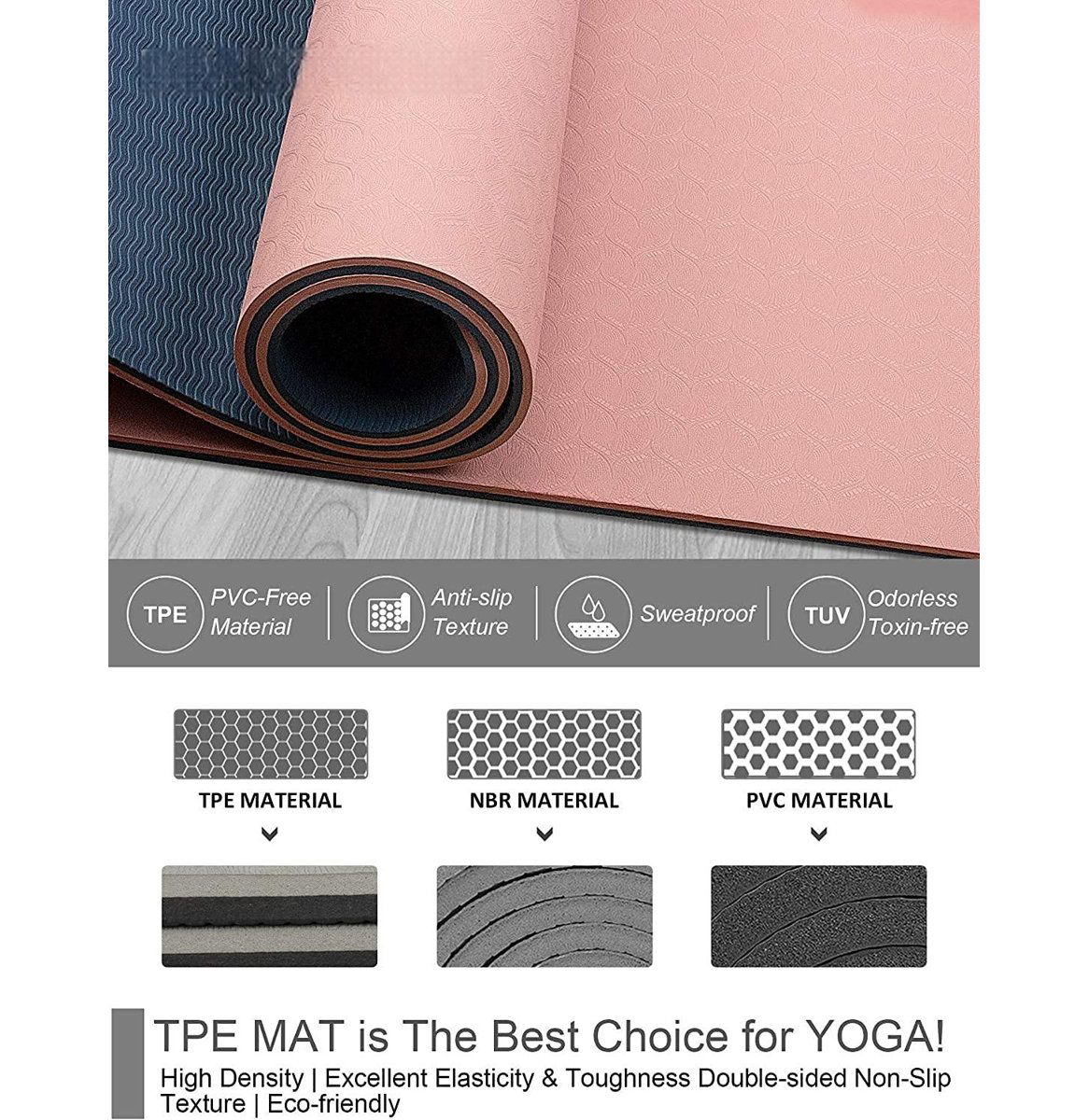 hongzhi Yoga Mat With Strap, 1/3 Inch Extra Thick Yoga Mat Double-Sided ...