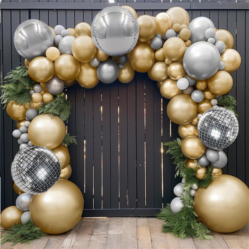 The Party Aisle™ Metallic Gold Silver Balloons and 4D Disco Silver Foil ...