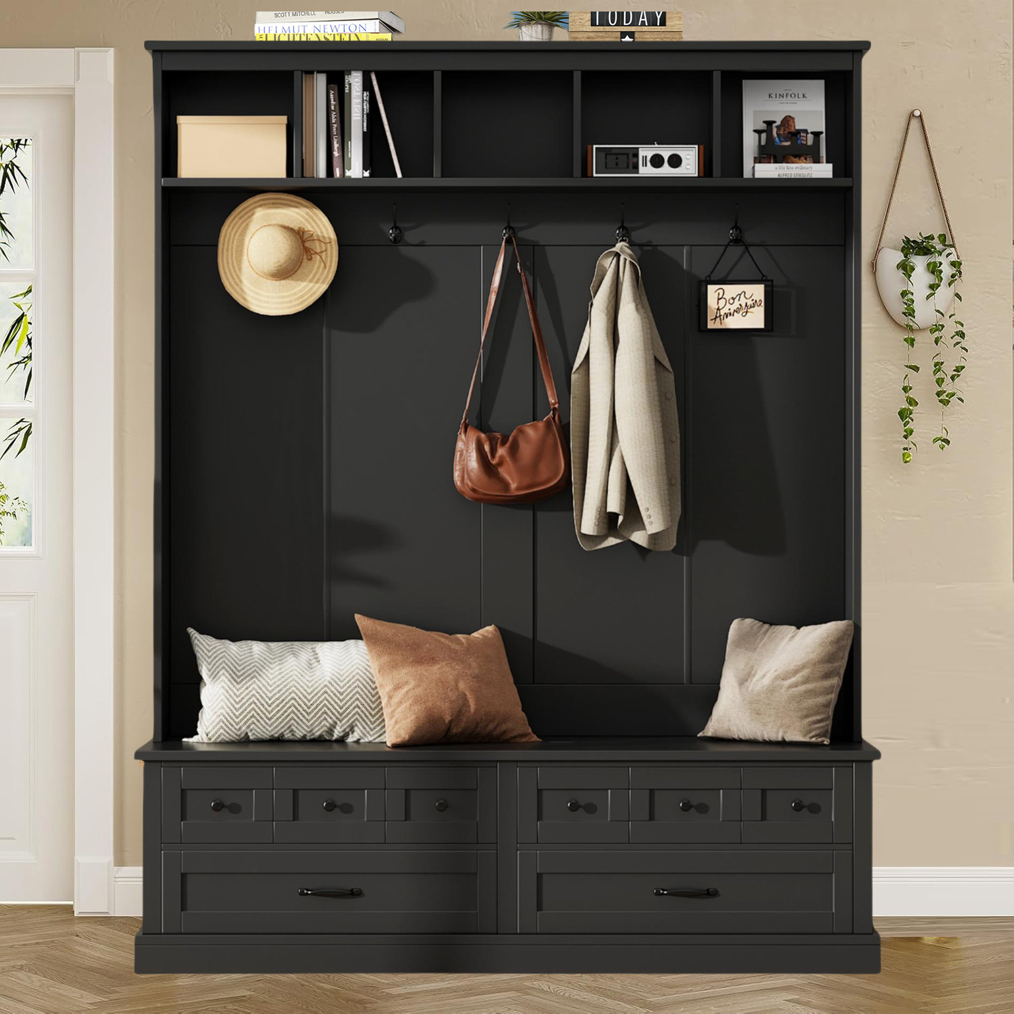 Red Barrel Studio Elegant 3-in-1 Wide Hall Tree with Hooks and Storage ...