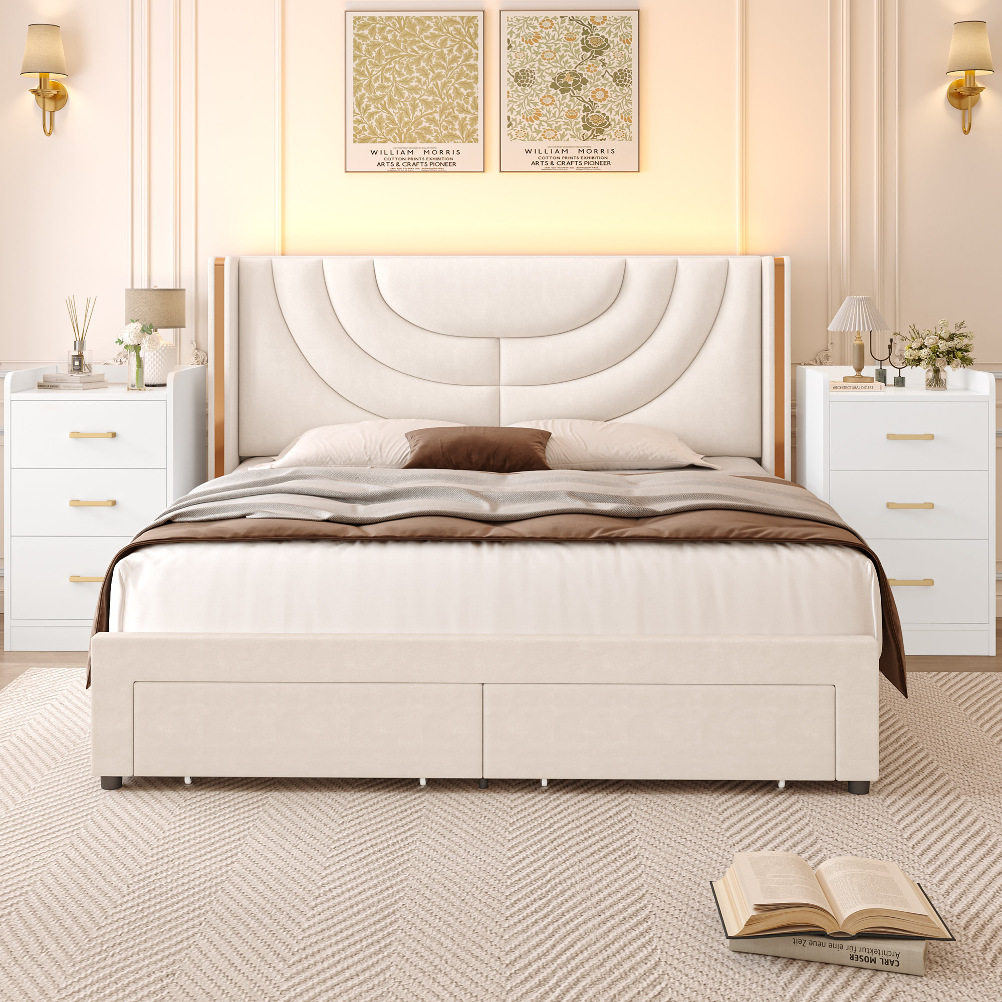 Wrought Studio™ 3-Piece Bedroom Set, Storage Bed with LED Light, 2 ...