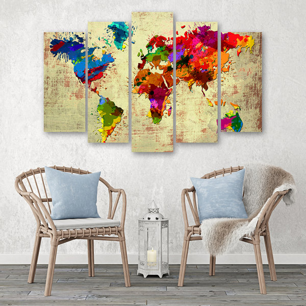 Williston Forge Coloured World Map - 5 Piece Wrapped Canvas Art Prints ...