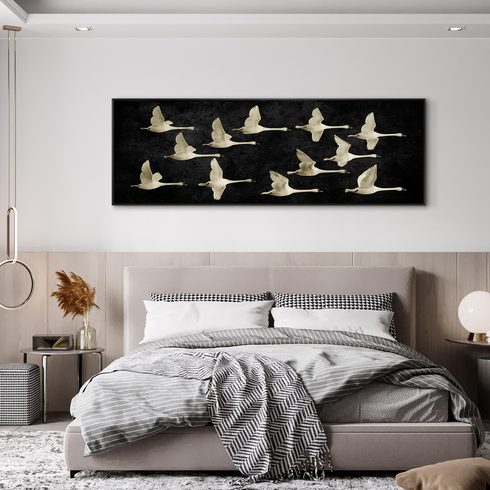 SIGNLEADER Swan Migration White Swans in Flight Illustrations Extra Large Framed Wall Art Print ...