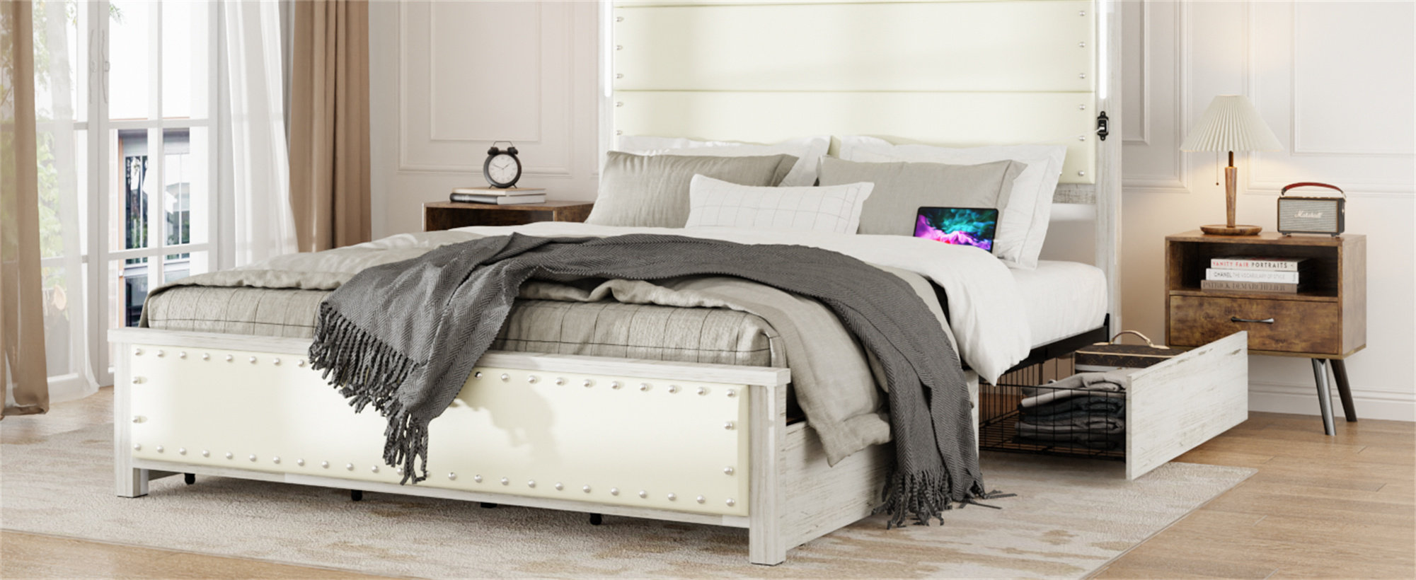 Ivy Bronx Bed Frame With Upholstered Headboard And 4 Storage Drawers ...