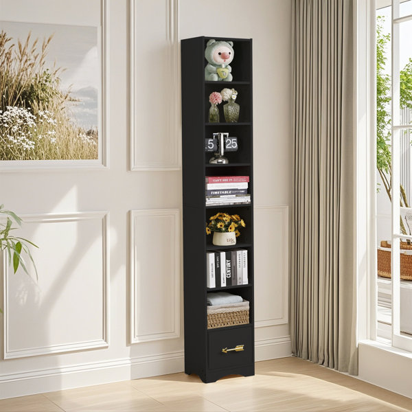 17 Stories 7-Tier Bookshelf With Drawer, 180Cm Tall Narrow Bookcase ...