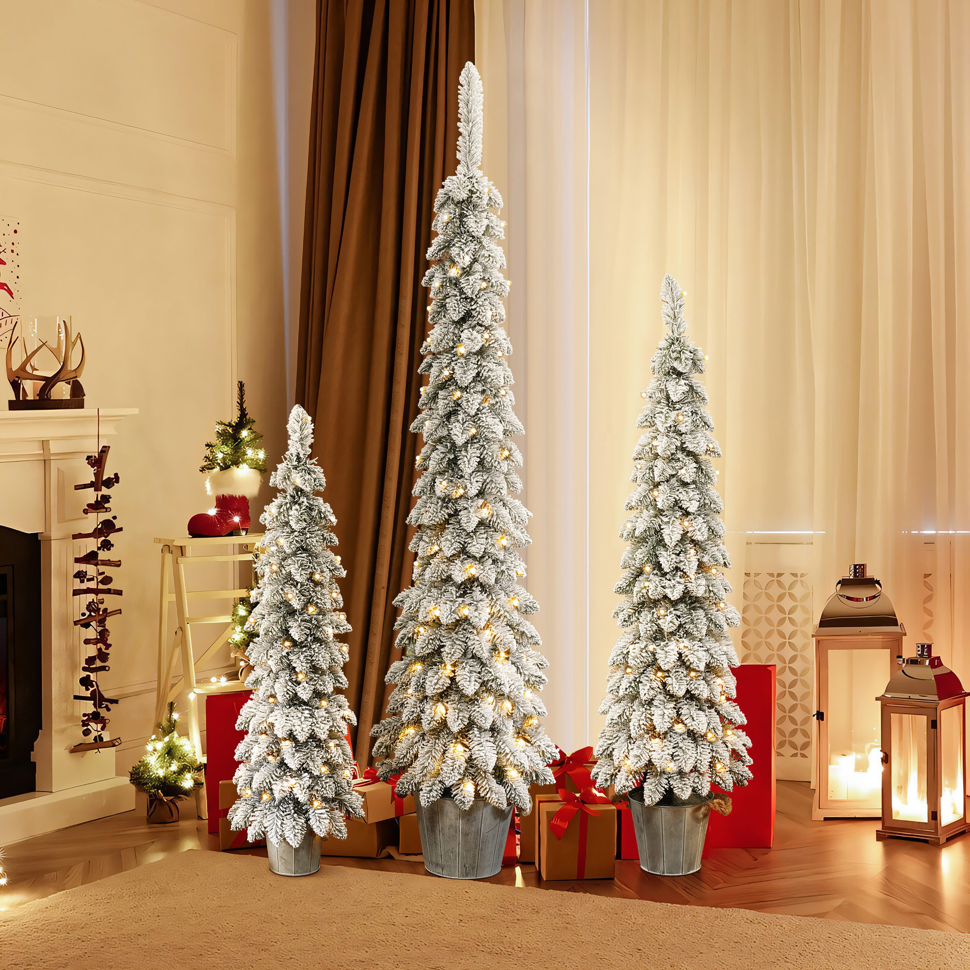 The Holiday Aisle® 3-Piece Snow-Flocked Slim Artificial Tree Set with ...