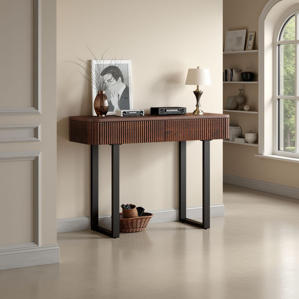 17 Stories 42" Fluted Console Table - Solid Mango Wood with Metal Legs ...