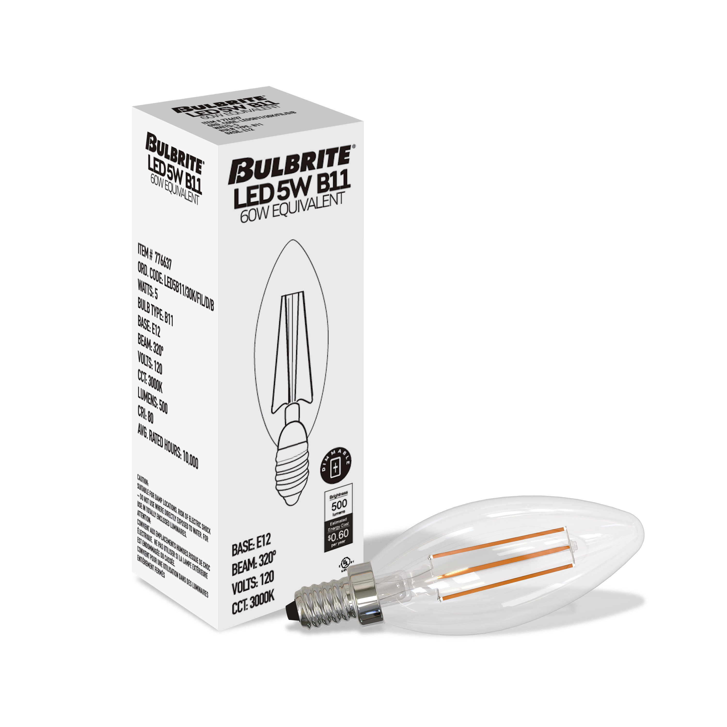 Bulbrite Industries 5 Watt (60 Watt Equivalent), B11 LED, Dimmable Light Bulb, E12/Candelabra ...