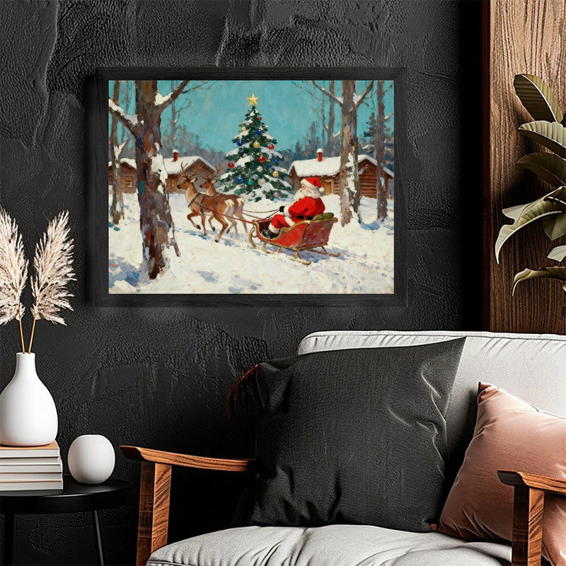 Charlton Home Black Frame Oil Painting Christmas Santa Claus Sleigh ...
