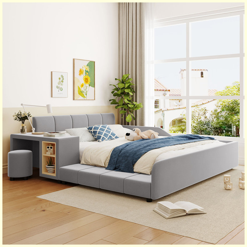 Wenty Upholstered Grounded Bed, Mother & Child Bed With Bedside Desk ...