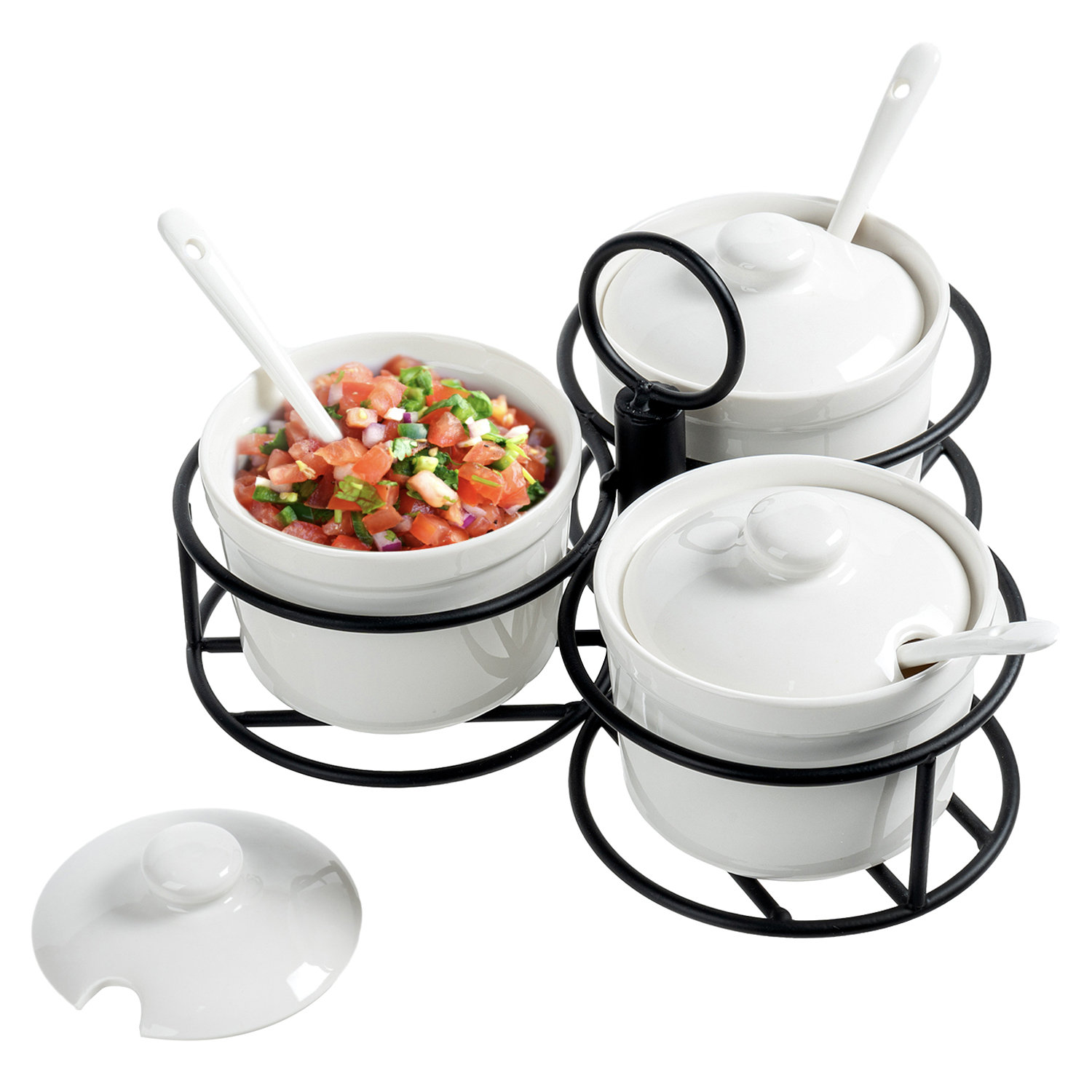 Ebern Designs Hallsville 3 Condiment Dip Bowl with Lids and Spoons Set ...