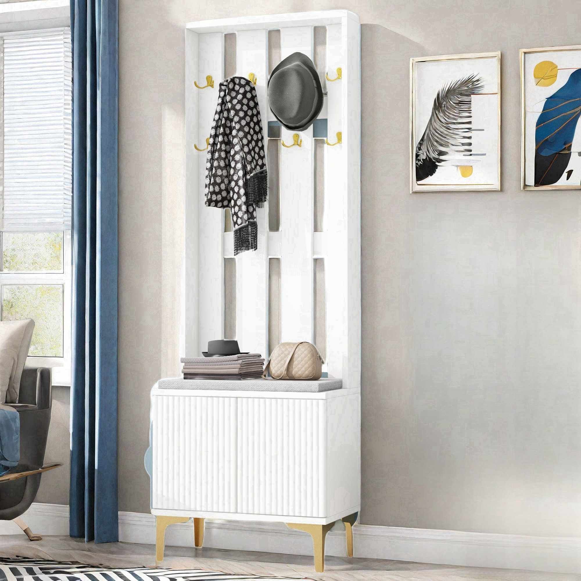 George Oliver Trimble With Cushion, Versatile Coat Rack With 8 Gold ...