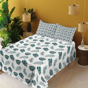 Ambesonne Tropical Sheet Set Polygonal Line Leaves Art Petrol Blue Pale ...