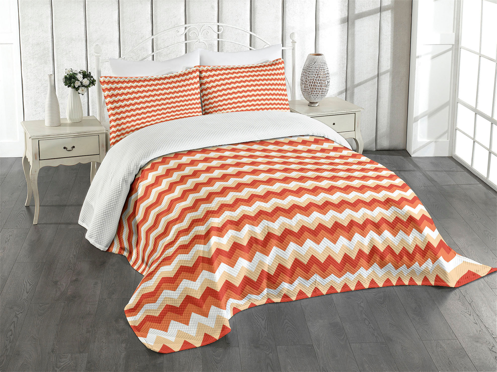 Ambesonne Coral Bedspread Set Chevron Arrows Geometric Orange Coral ...