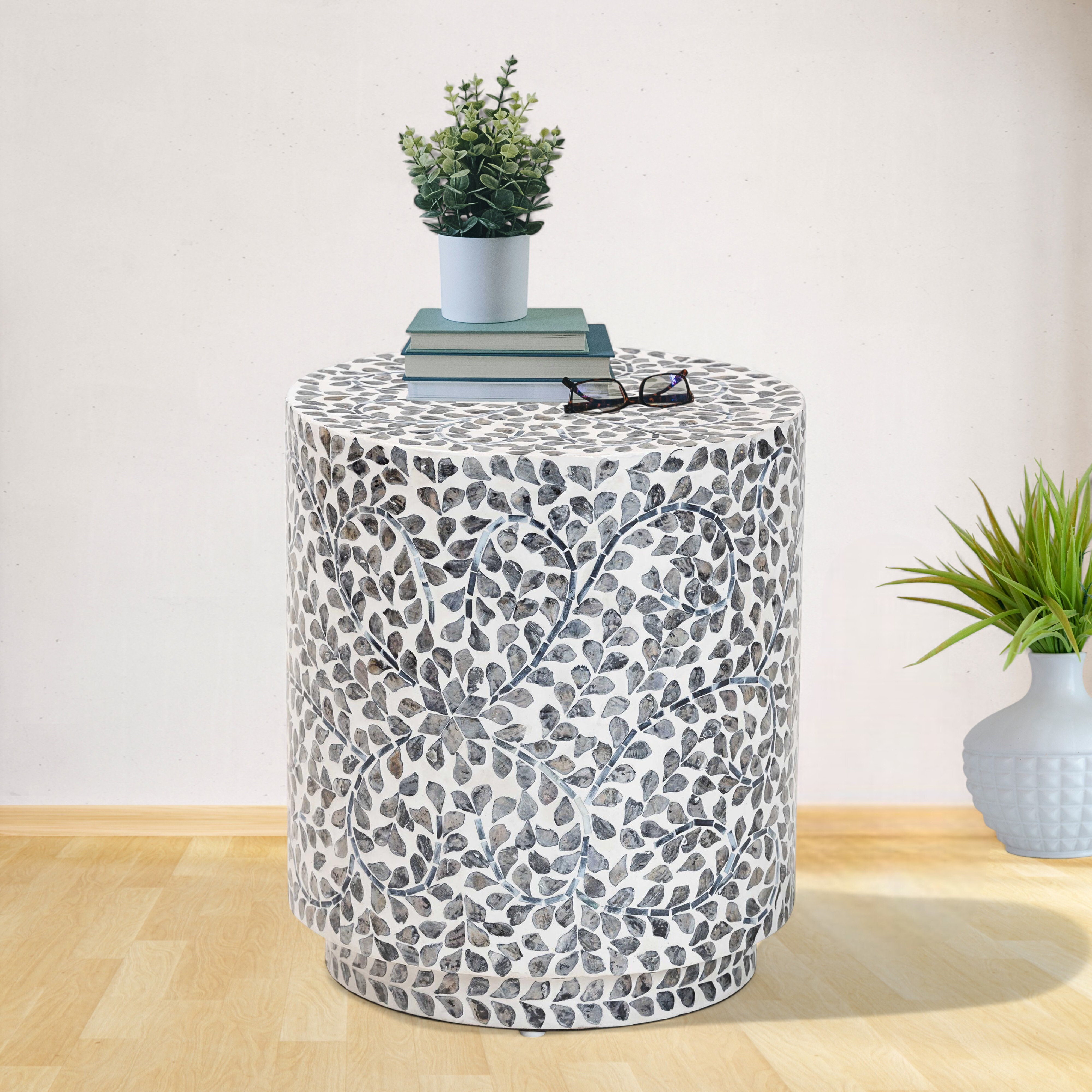 Lark Manor™ Rakoma Ottoman Footstool in Black and White Mother of Pearl ...