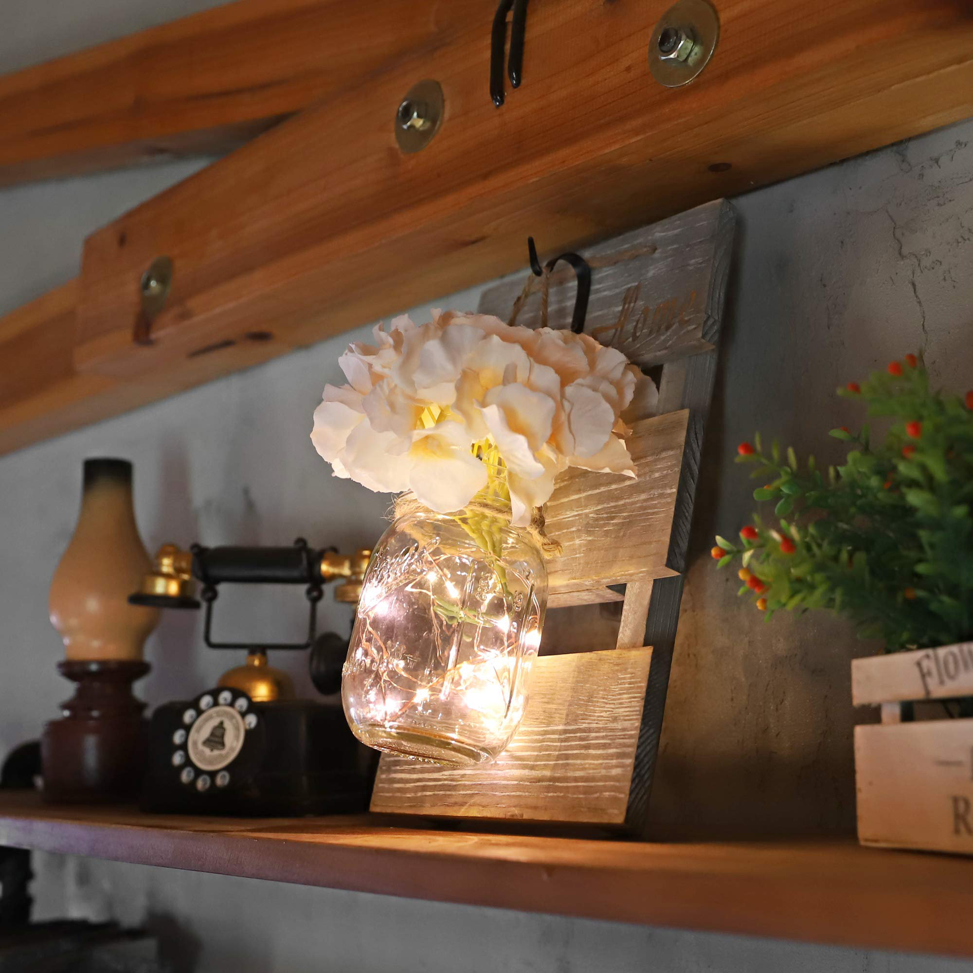 Gracie Oaks Mason Jar Wall Decor with 6-Hour Timer LED Lights & Flowers ...